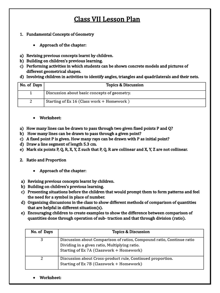 Class 7 Lesson Plan - 24-25 | PDF | Line (Geometry) | Ratio