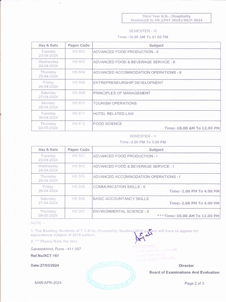 BSCHS 3rd Year Exam Timetable | PDF
