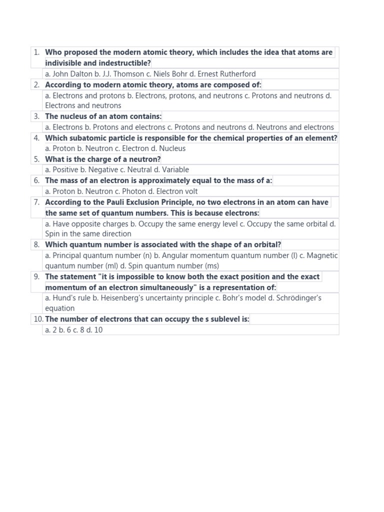 Modern Atomic Theory Quiz Answers | PDF | Science & Mathematics
