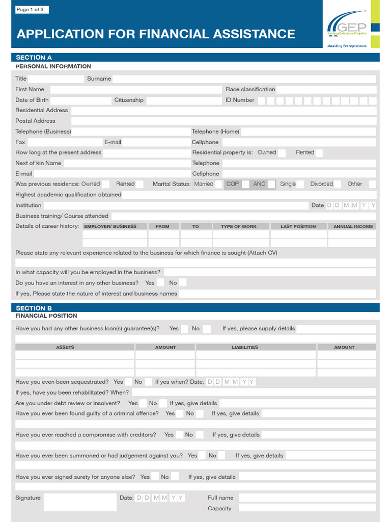 GEP Financial Assistance Application Form | PDF | Guarantee | Business Law