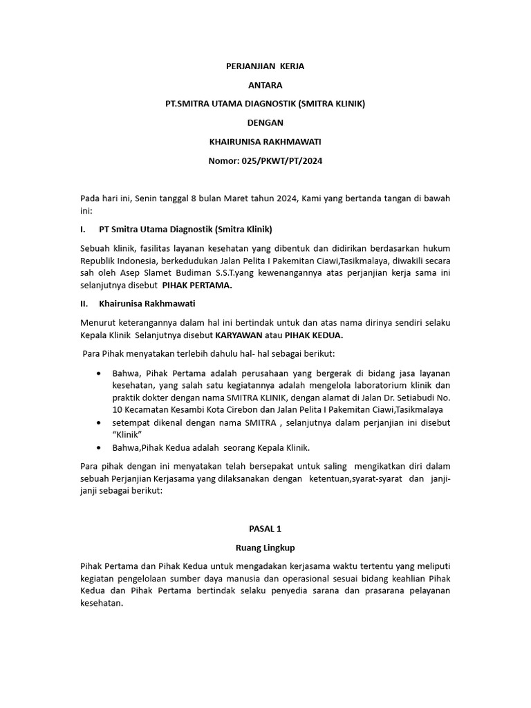 Perjanjian Kerja Kepala Klinik Pdf