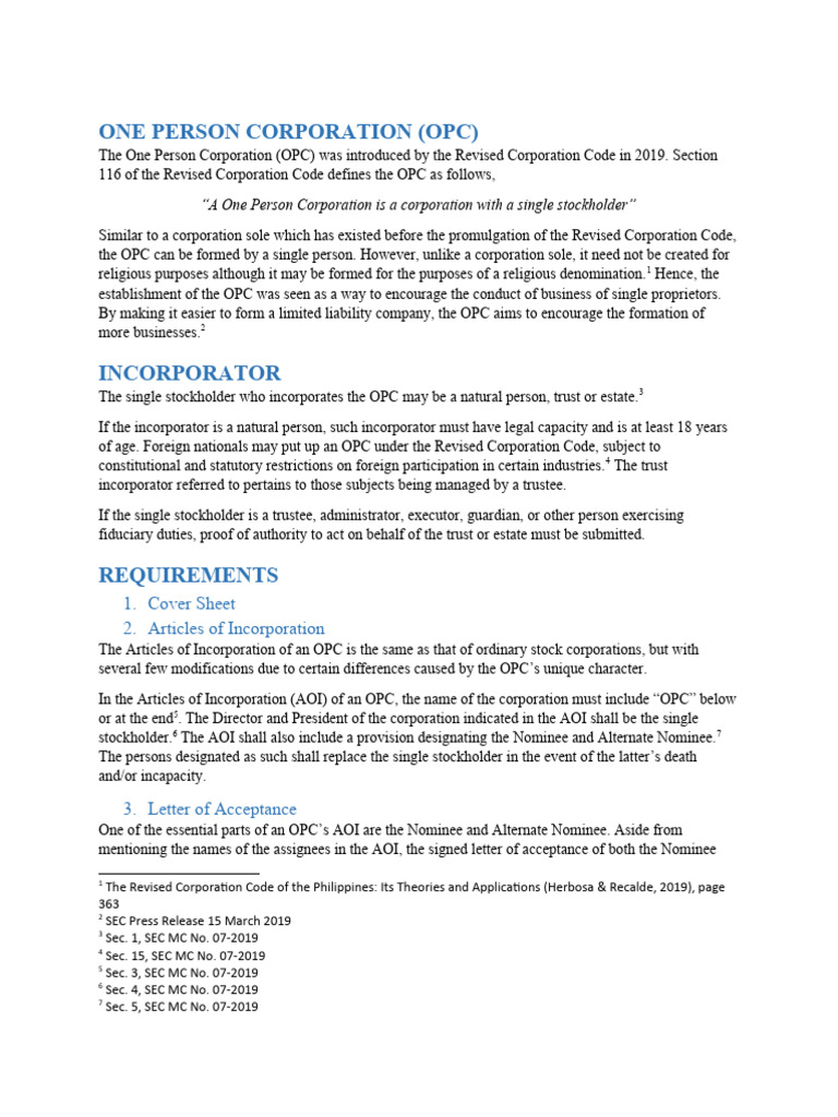 One Person Corporation Article | PDF | Corporations | Trustee