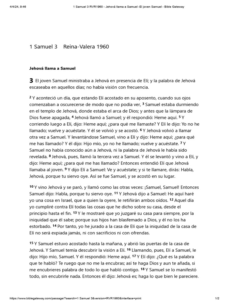 1 Samuel 3 RVR1960 - Jehová Llama A Samuel | PDF | Jehová | Contenido ...