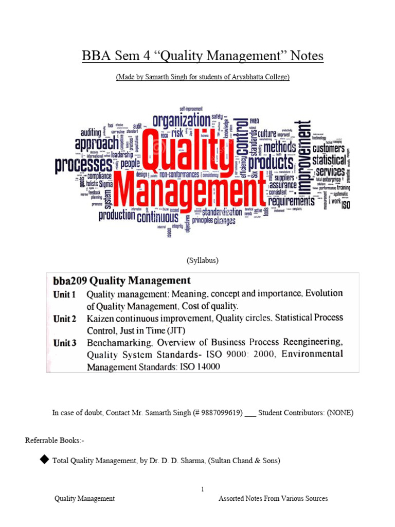 Quality Mgmt Notes | PDF | Quality (Business) | Quality Management