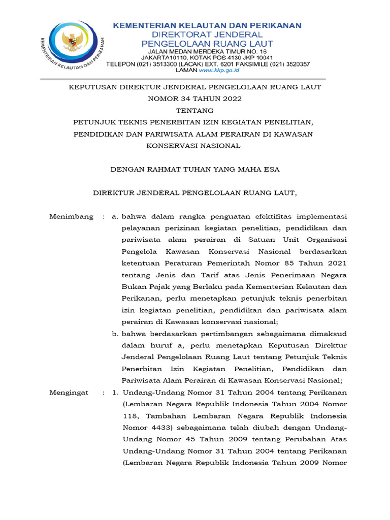 2022-Kepdirjen PRL Nomor 34 Juknis Izin Kegiatan Litbang KKN | PDF