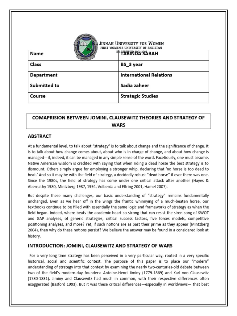 Comaprision Between Jomini, Clausewitz Theories and Strategy of Wars ...