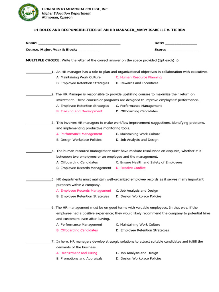 Quiz For 14 Roles Responsibilities of An HR Manager Tierra MIV | PDF ...