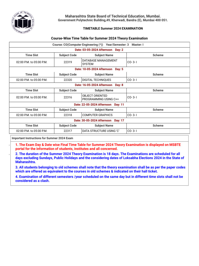 Time Table For Summer 2024 Theory Examination | PDF | Academic Term | Computing