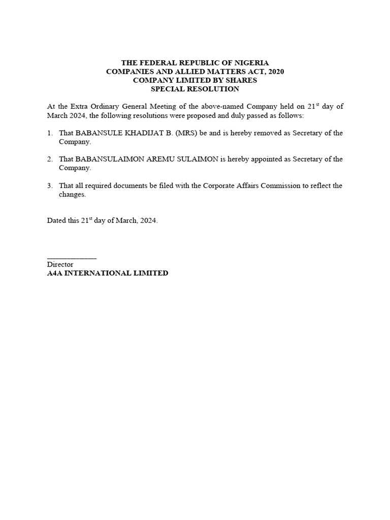 Board Resolution For Change of Secretary A4a International Limited ...