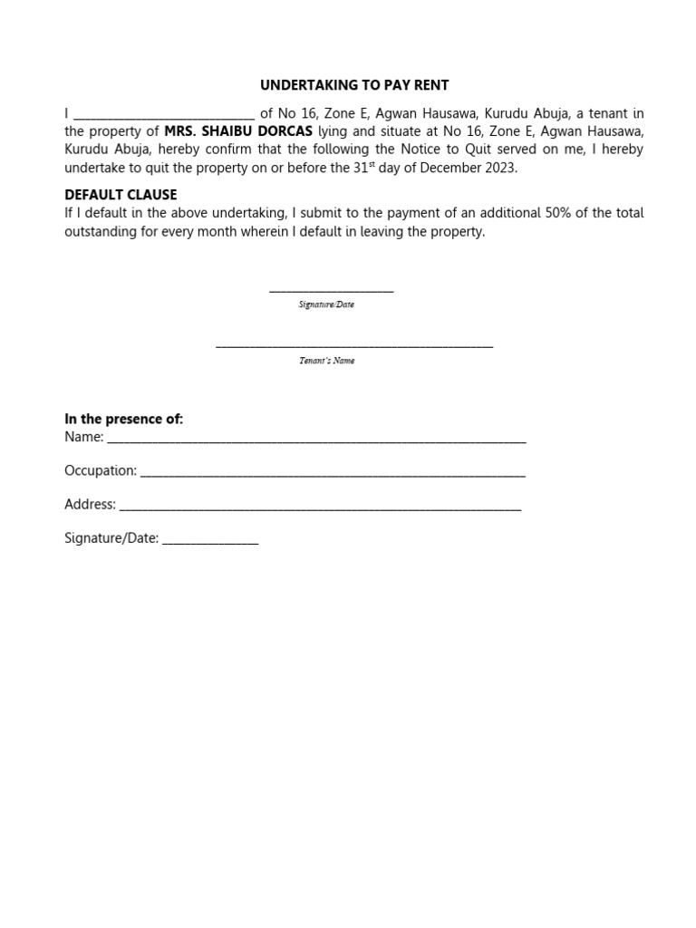 Letter of Undertaking to Pay Rent | PDF