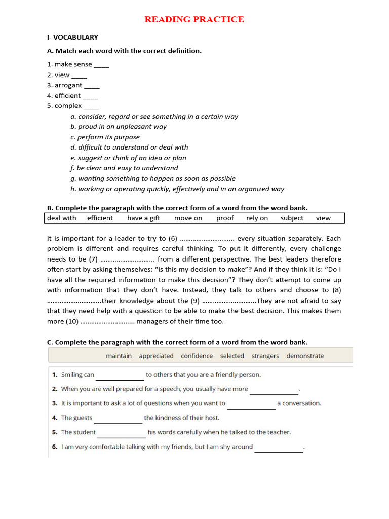 Vocabulary and Reading Comprehension Guide | PDF | Decision Making ...