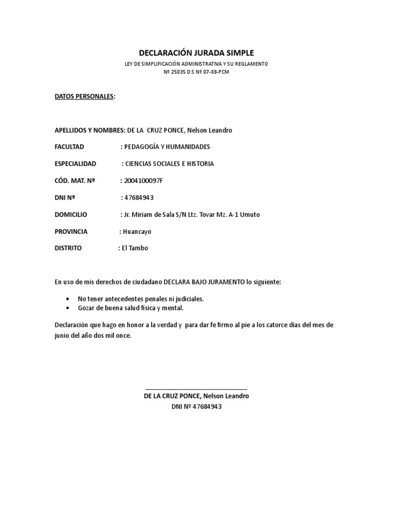 Modelo De Declaración Jurada | Modelo de declaración jurada – YBSVOC