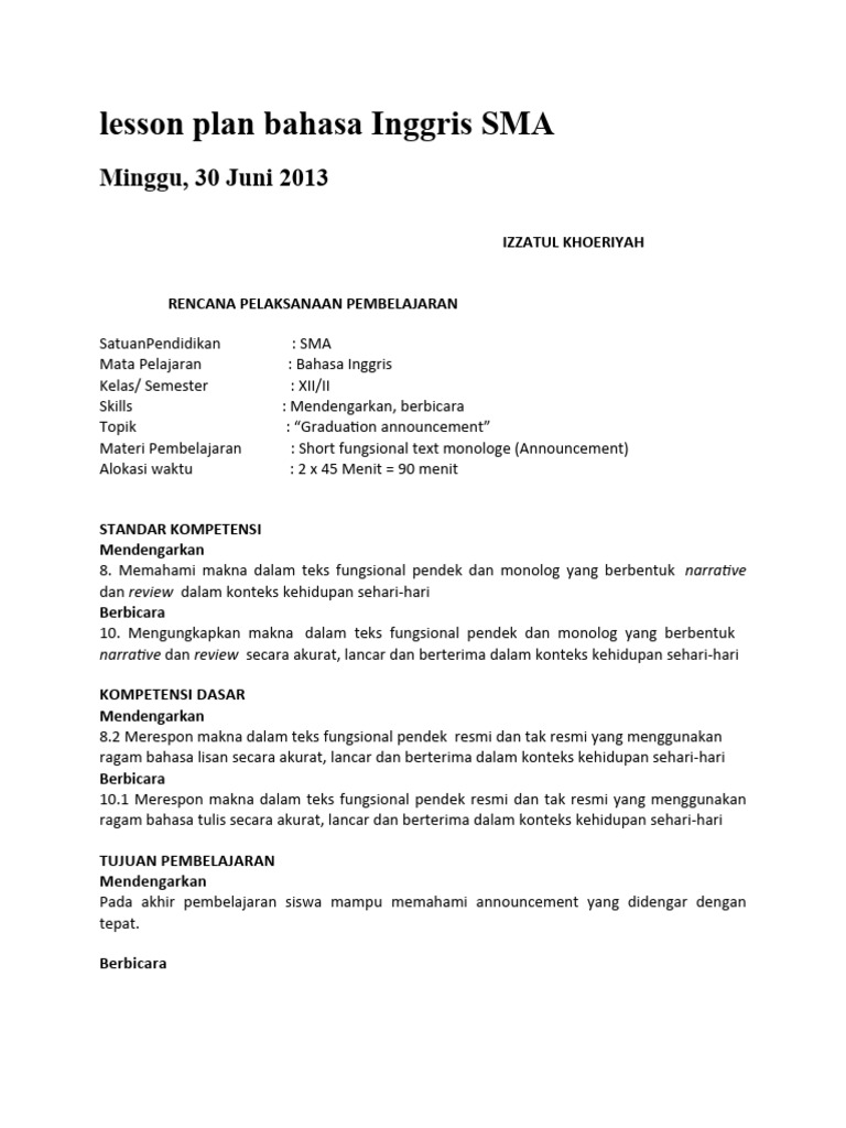 Lesson Plan Bahasa Inggris Announcement SMA | PDF