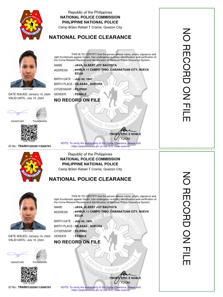 National Police Clearance: No Record On File | PDF | Government And Personhood | Security Technology