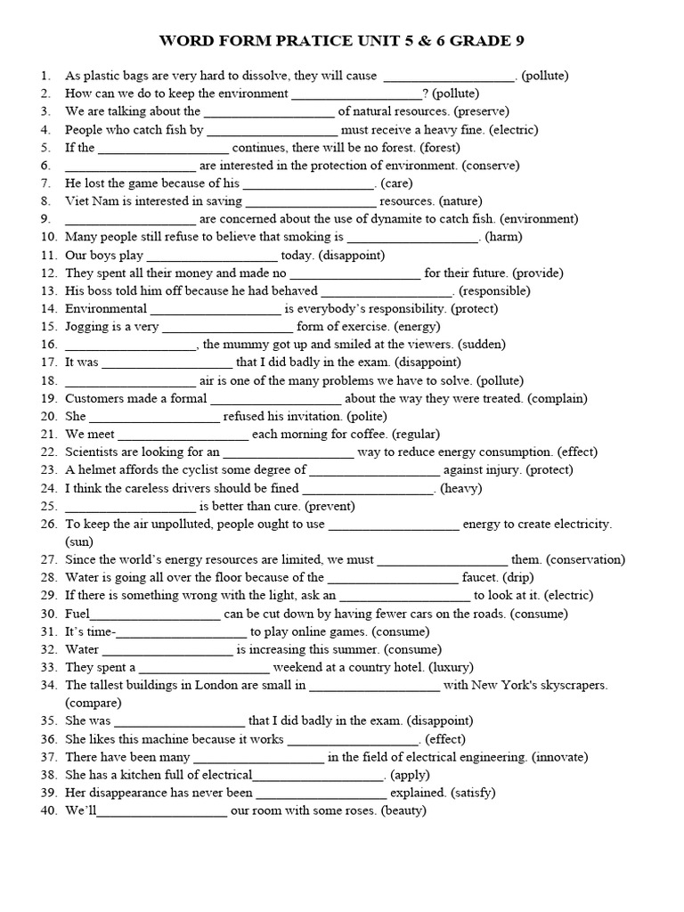Grade 9 Word Form Practice | PDF | Natural Environment | Environmental Social Science