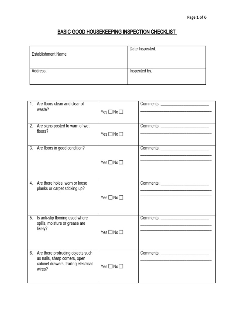 CHECKLIST1 -GOOD HOUSEKEEPING SAFETY INSPECTION | PDF | Hazards | Fires