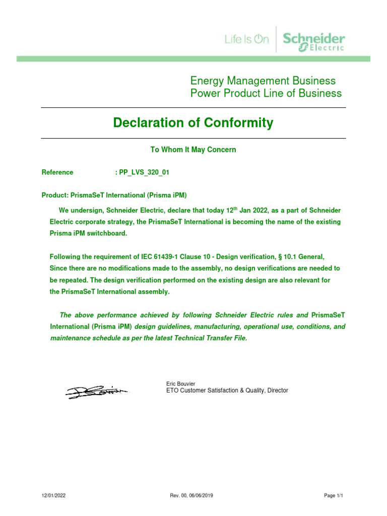 Declaration of Conformity - PrismaSeT Intl Certificates | PDF