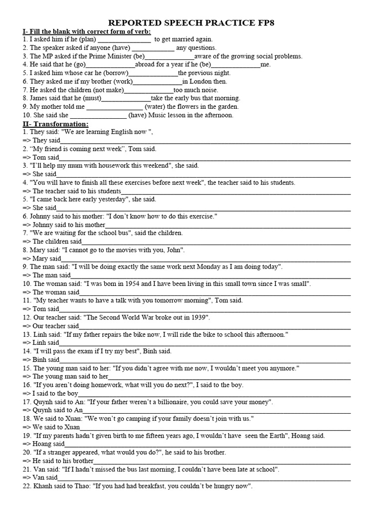 REPORTED SPEECH PRACTICE FP8 | PDF