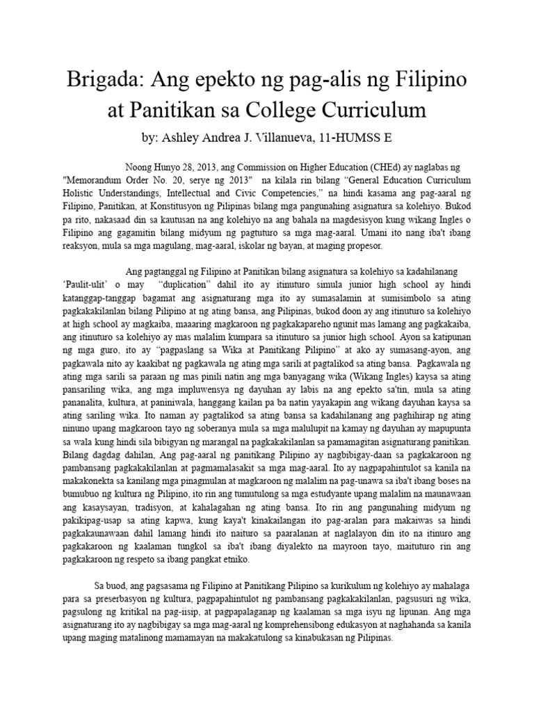 Pag-Alis NG Filipino at Panitikan Sa College Curriculum | PDF