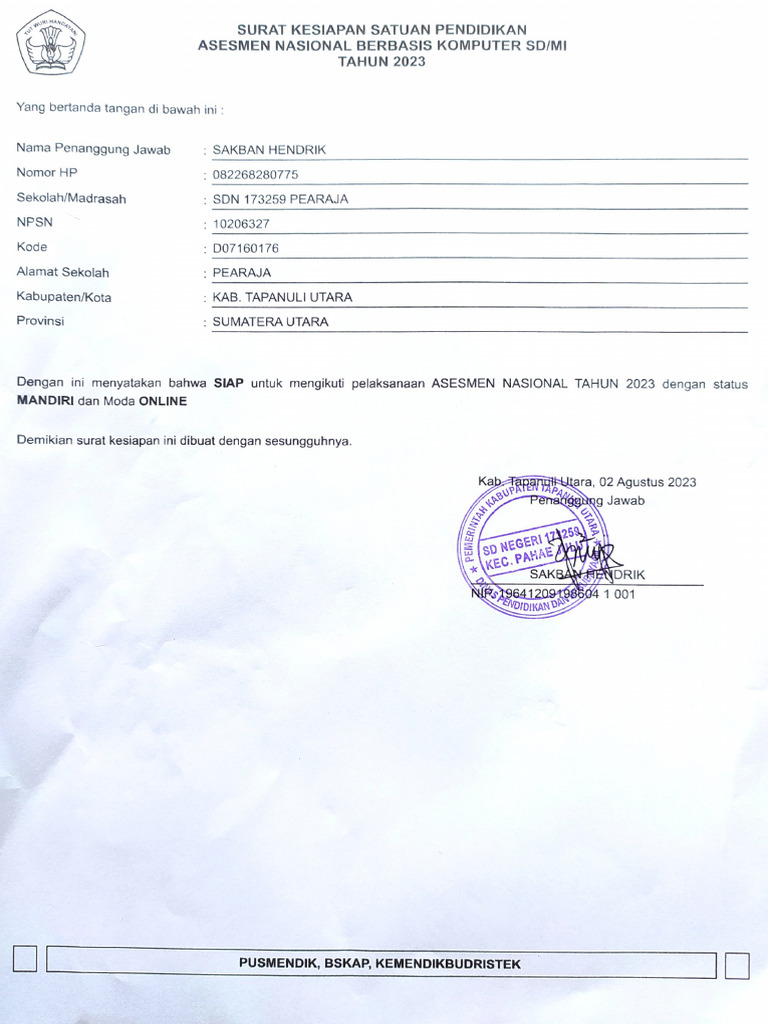 Surat Kesiapan ANBK - 20230802-150650 | PDF