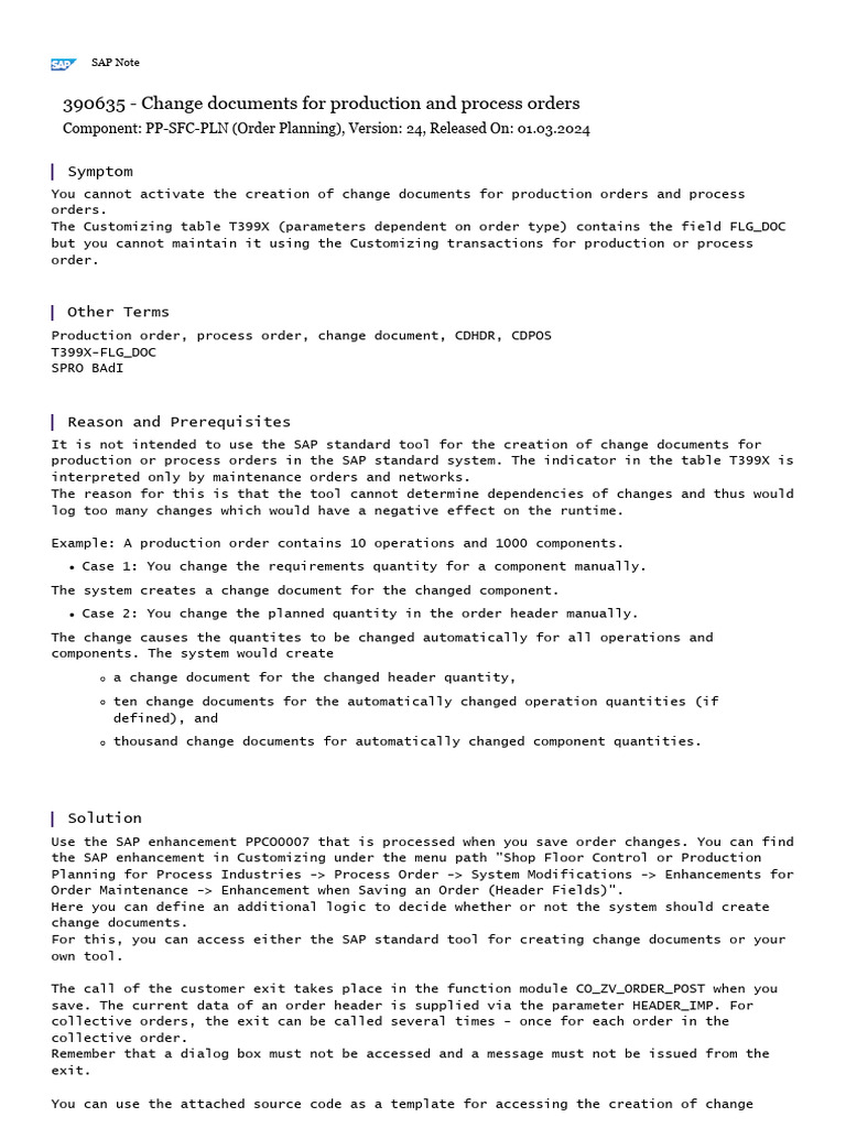 Change Documents For Production and Process Orders: Symptom | PDF ...