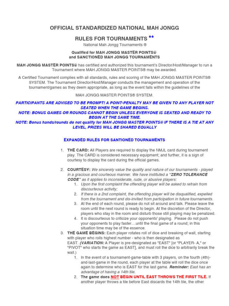 National Mah Jongg Tournament Rules | PDF | Mahjong