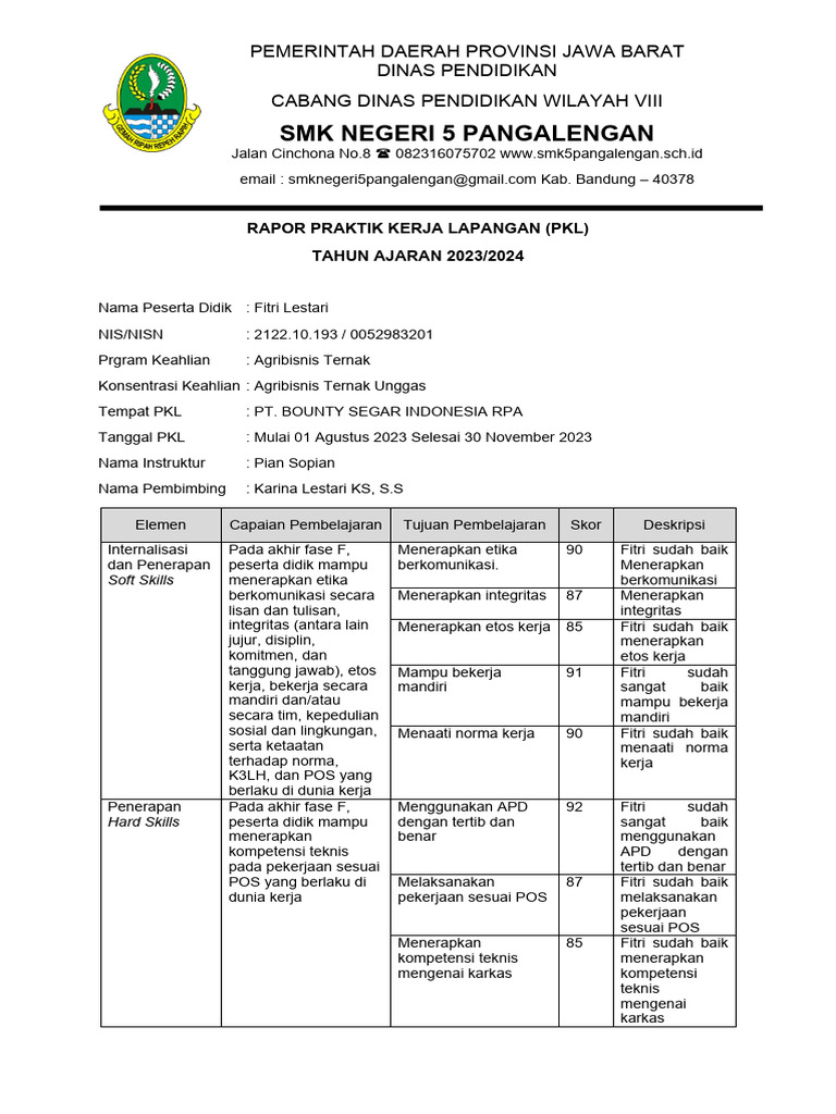 Rapot PKL Unggs RPA BOUNTY | PDF
