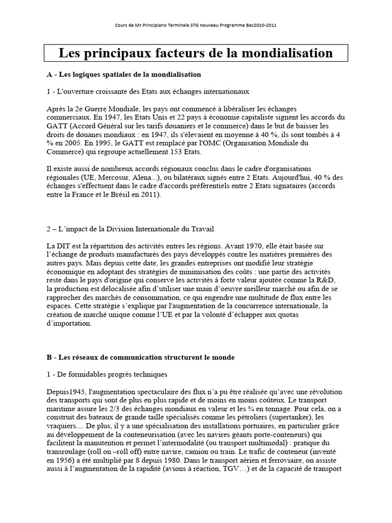 Les principaux facteurs de la mondialisation | PDF | Globalisation ...