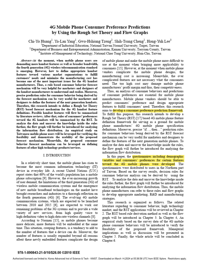 4g Mobile Phone Consumer Preference Predictions By Using The Rough Set
