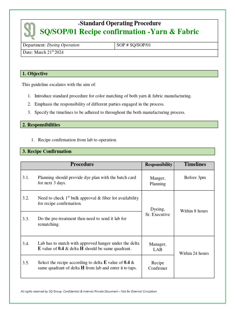 Recipe Confirmation SOP | Download Free PDF | Dyeing | Textiles