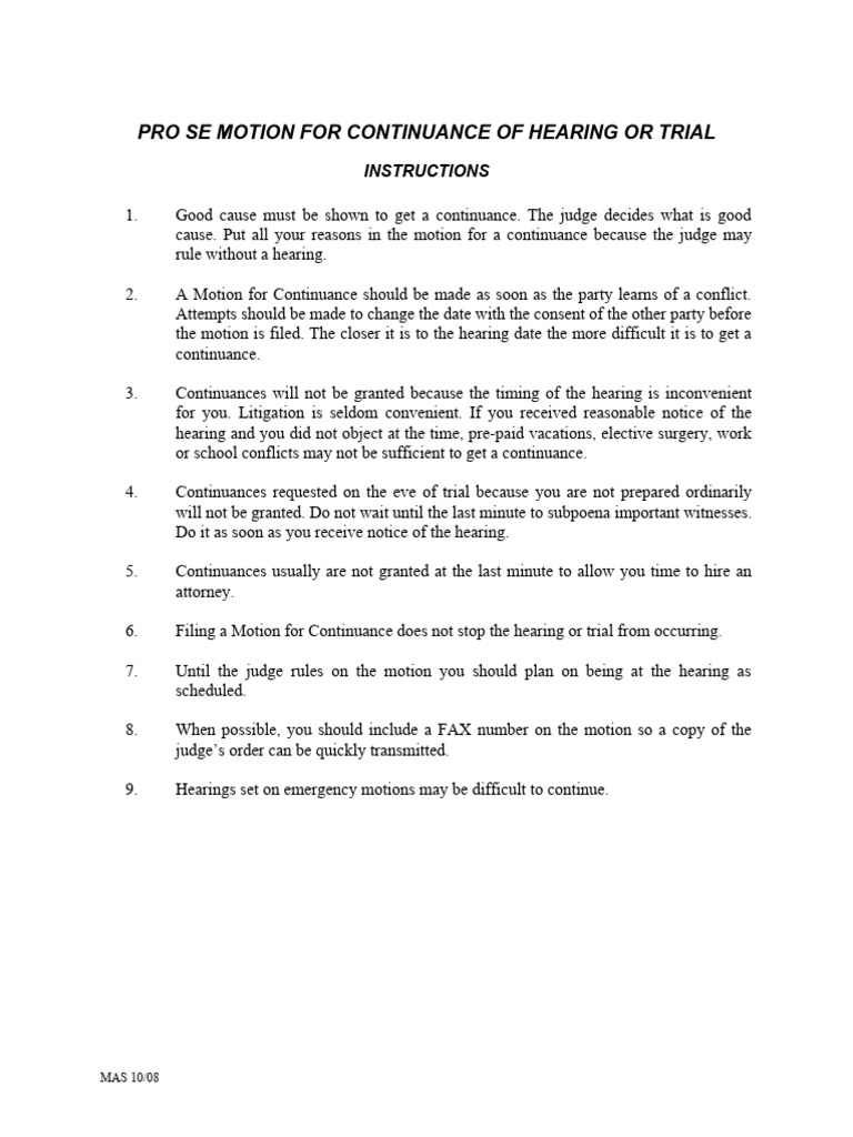 ProSe Motion Continuance Instructions | PDF | Continuance | Pro Se ...