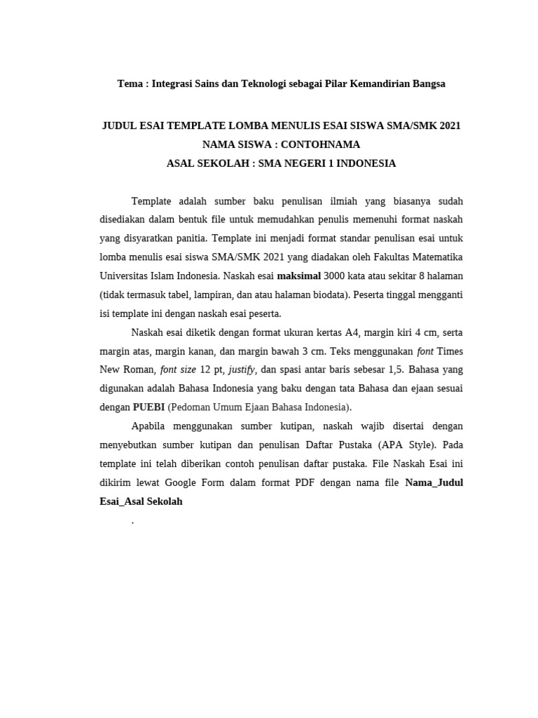 Template Esai Untuk Lomba Esai Nasional Siswa Sma SMK 2021 Fmipa Uii | PDF