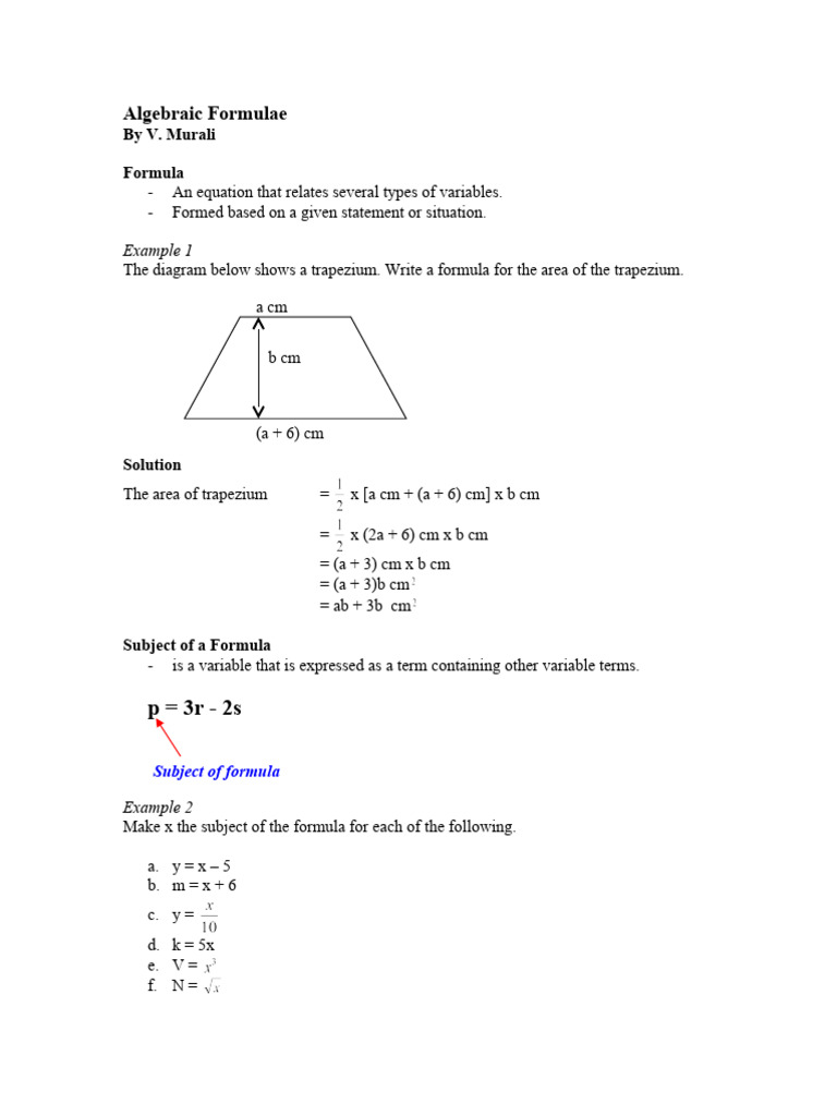 Algebraic Formulae Pdf Area Algebra