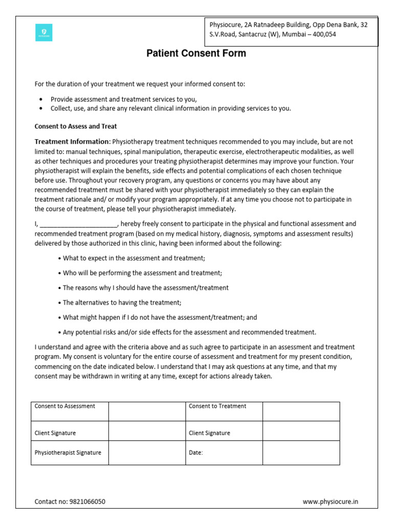 Physiocure Consent Form | PDF | Physical Therapy | Informed Consent