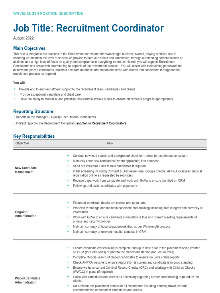 Recruitment Coordinator Job Description | PDF | Recruitment | Consultant