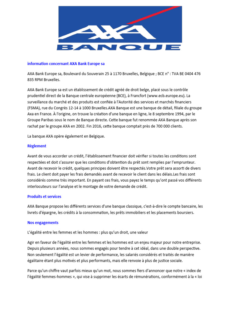 AXA Bank Europe: Profil et Engagements | PDF | Banques | Crédit