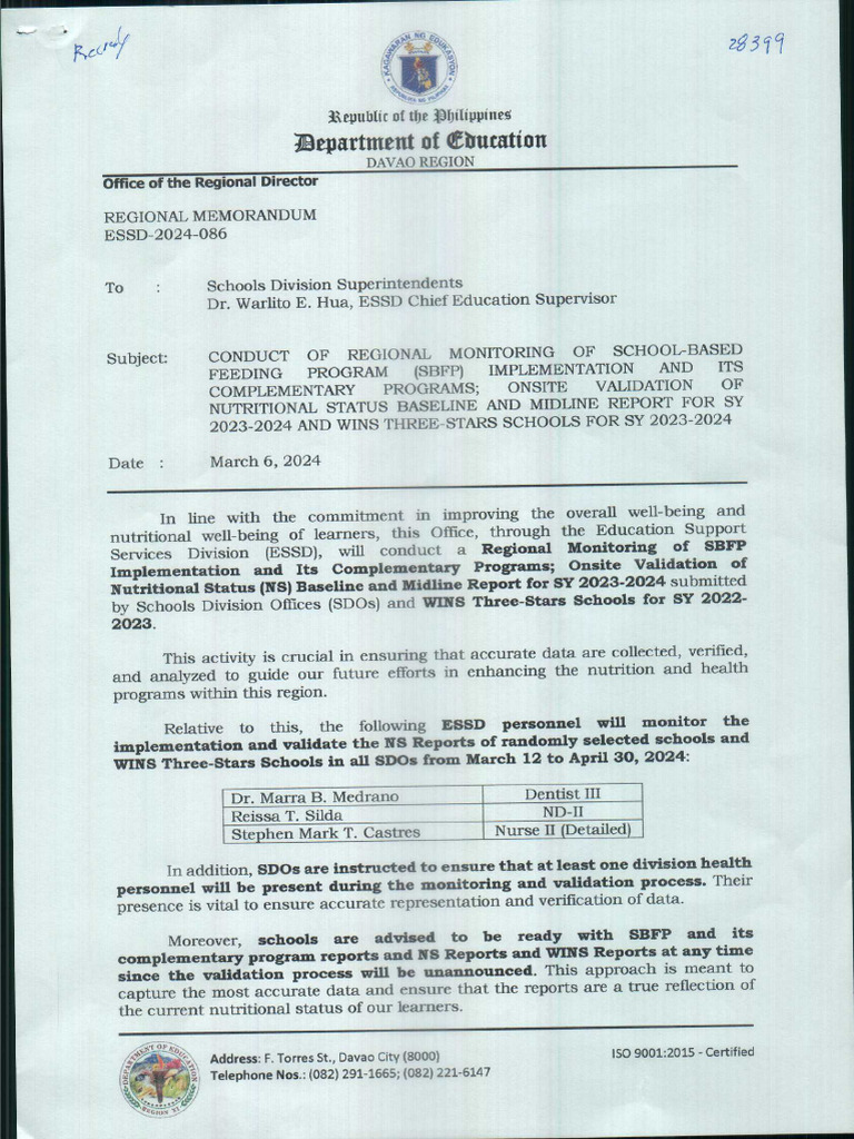 RM Essd 2024 086 Conduct of Regional Monitoring of School Based Feeding Program SBFP ...