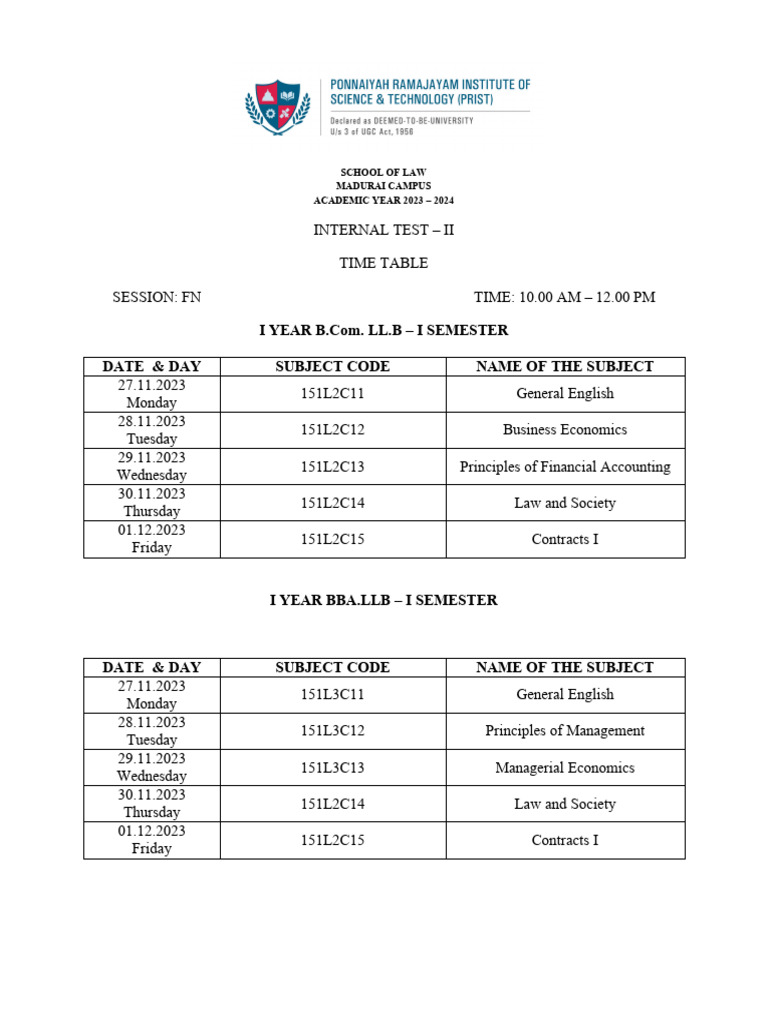 Internal Test 2 Timetable - 2023 | PDF | Law School | Academic Term