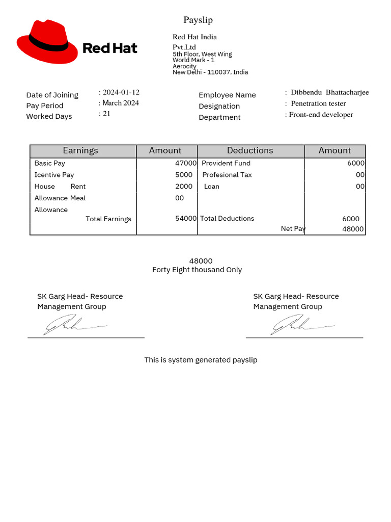 Red Hat India PVT - Ltd-Paysliper PDF | PDF