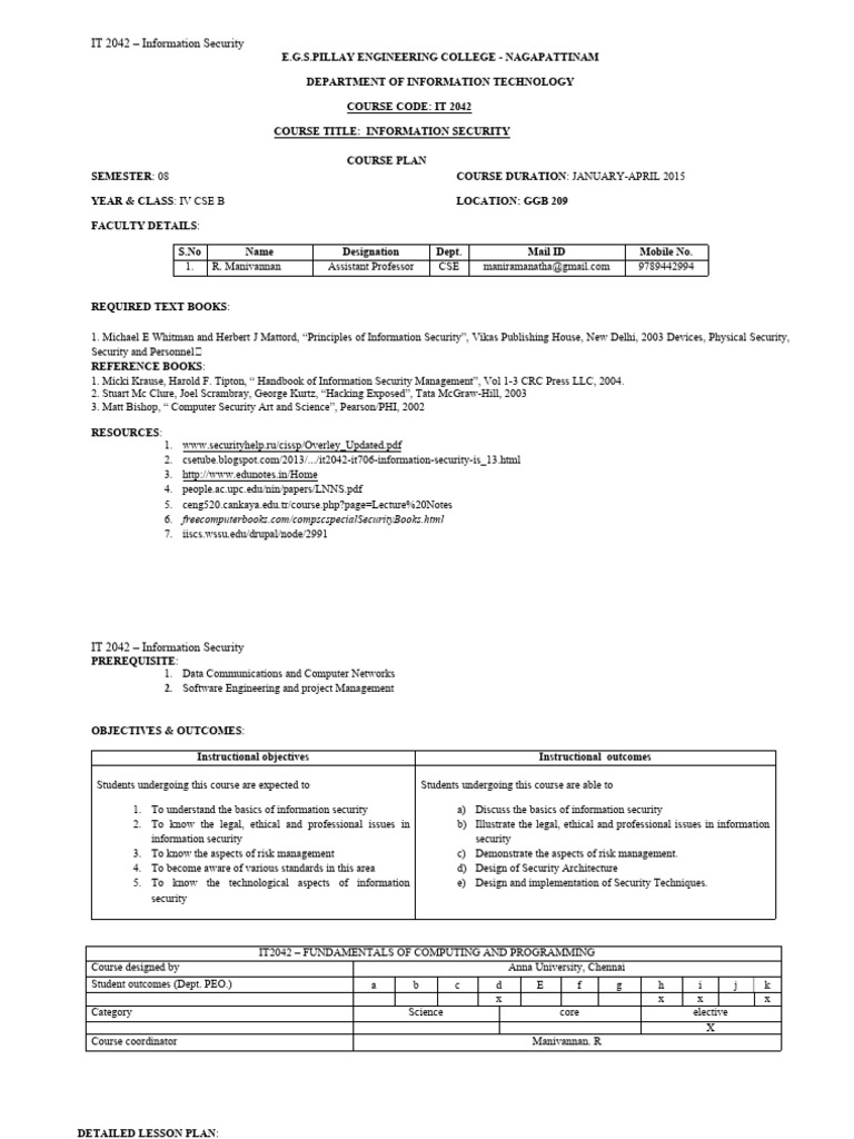 It2042 Course Plan | PDF | Encryption | Cryptography