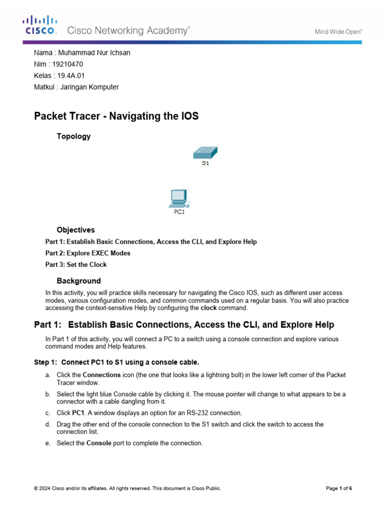 2.1.4.6 Packet Tracer - Navigating The IOS.19210470docx | PDF | Command Line Interface | Computing