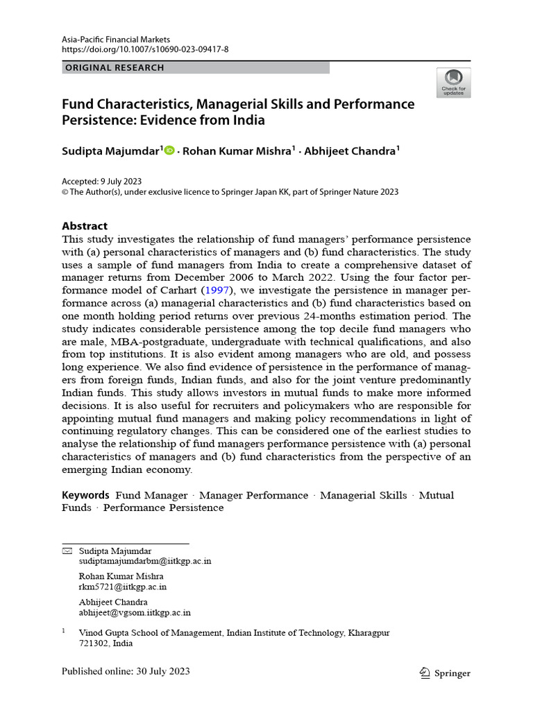 Fund Characteristics, Managerial Skills and Performance Persistence ...