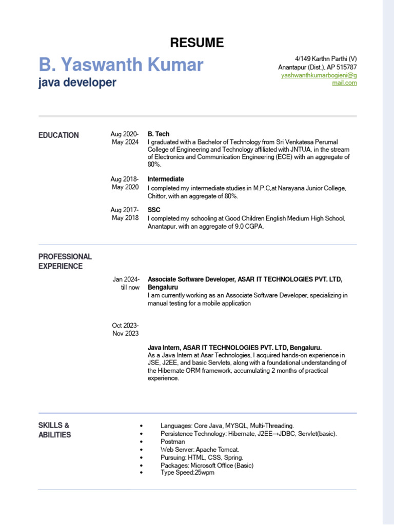 Java Developer Resume - B. Yaswanth Kumar | PDF | Java (Programming Language) | My Sql