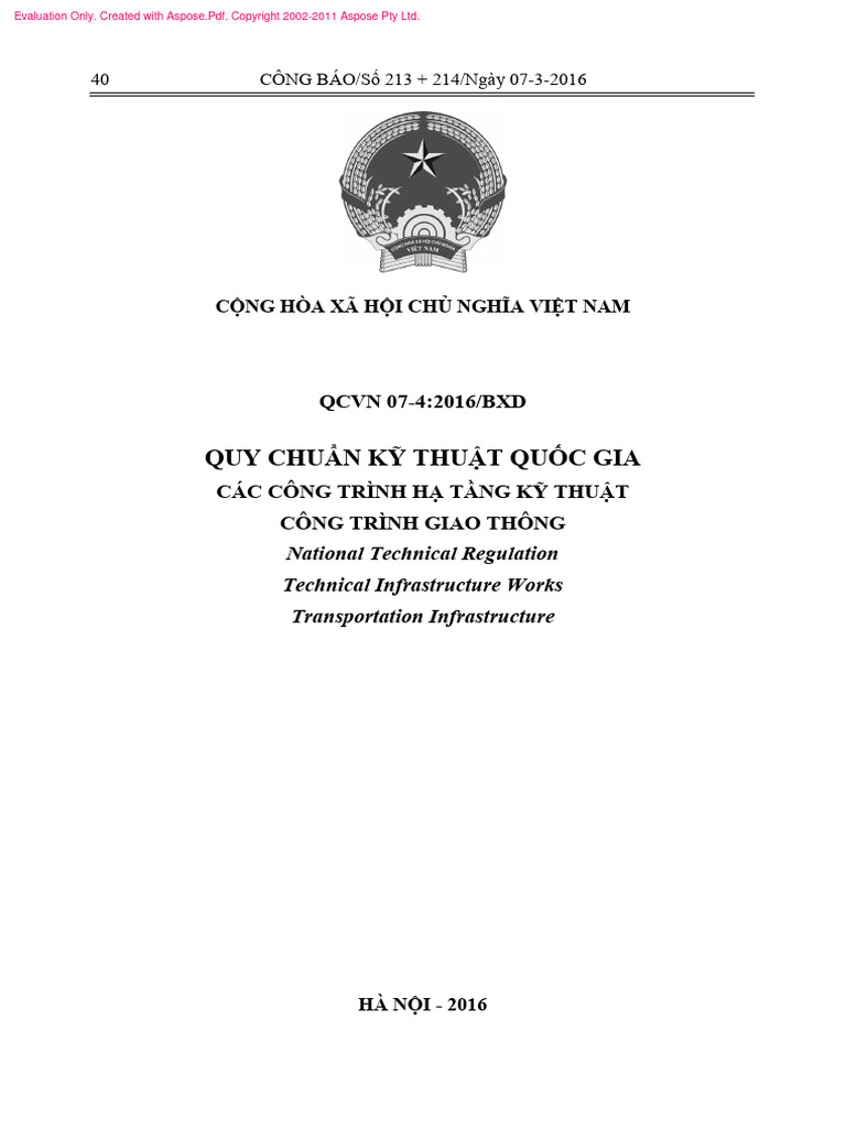 QCVN 07-4-2016-BXD. Quy Chuan Quoc Gia Cac Cong Trinh Ha Tang Ky Thuat Cong Trinh Giao Thong | PDF