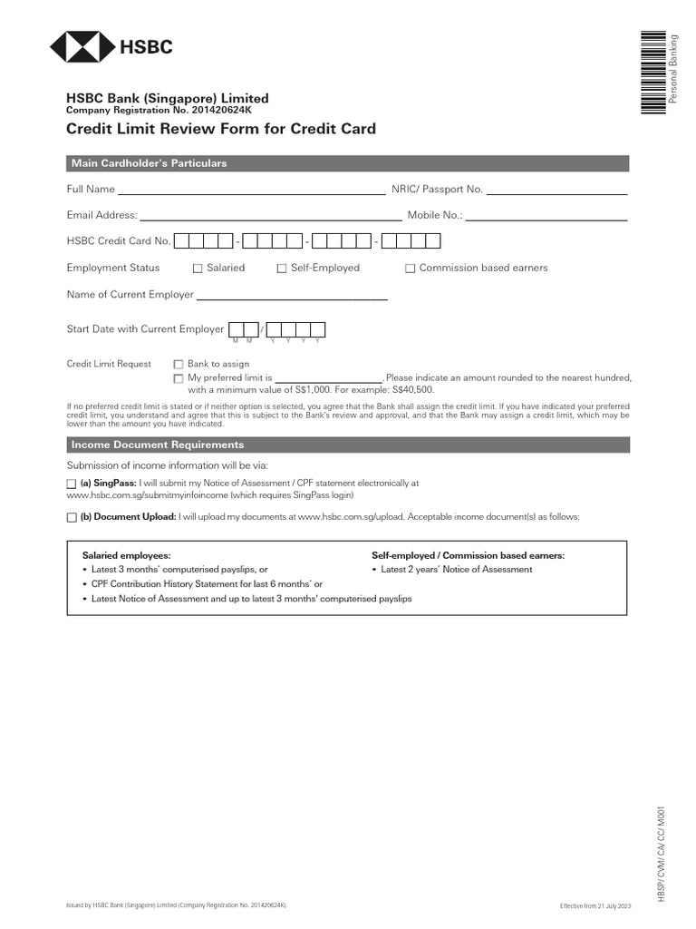 HSBC Singapore Credit Limit Review Form | PDF | Credit | Finance ...