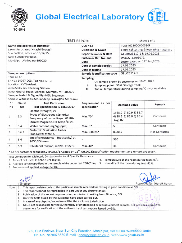 Hitachi Oil Report | PDF | Electrical Resistance And Conductance | Dielectric