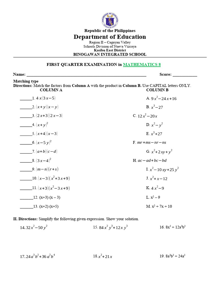 1st Q Math Exam | PDF | Applied Mathematics | Mathematics