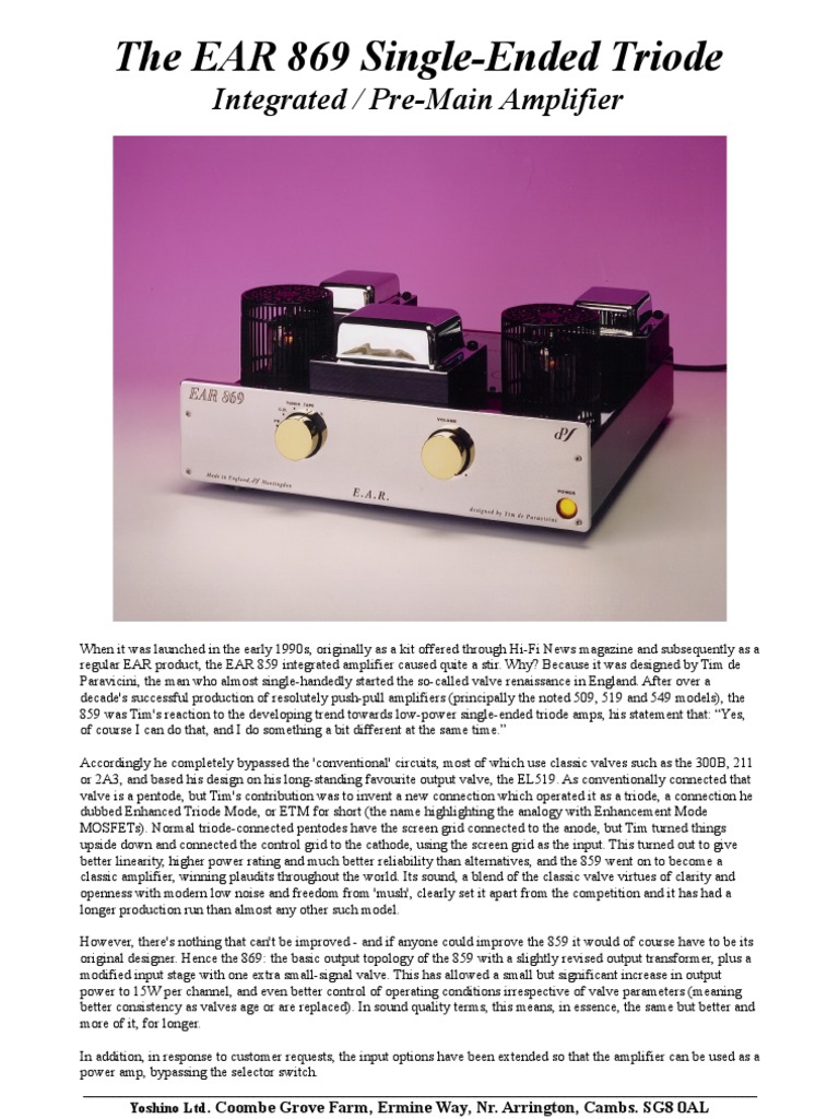 The EAR 869 Single-Ended Triode: Integrated / Pre-Main Amplifier