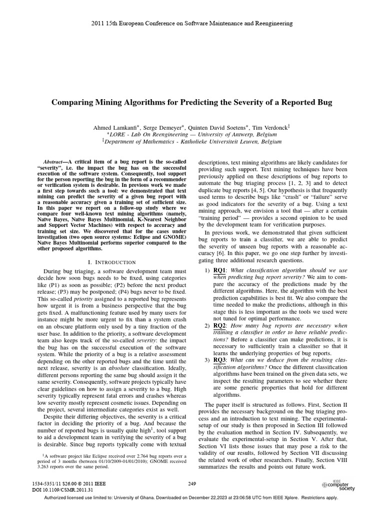 Bug Severity Prediction Algorithms Pdf Statistical Classification 8797