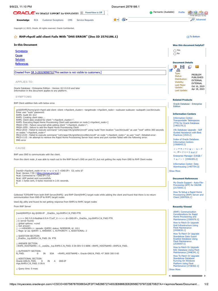 Rhpctl Add Client Fails With Dns Error Doc Id 25761861 Pdf Databases Domain Name System